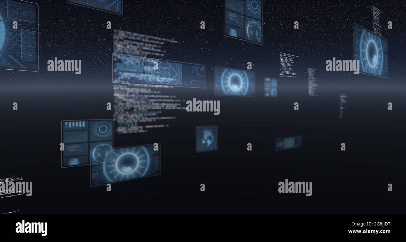 Image of scope scanning, statistics recording, globe spinning and data processing on screens ...