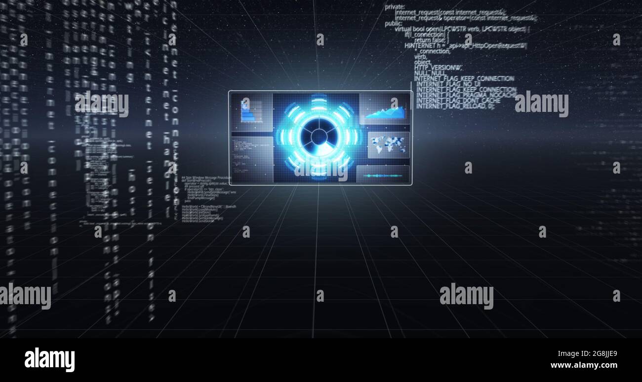 Image Of Scope Scanning Statistics Recording And Data Processing On Screen On Blue Background