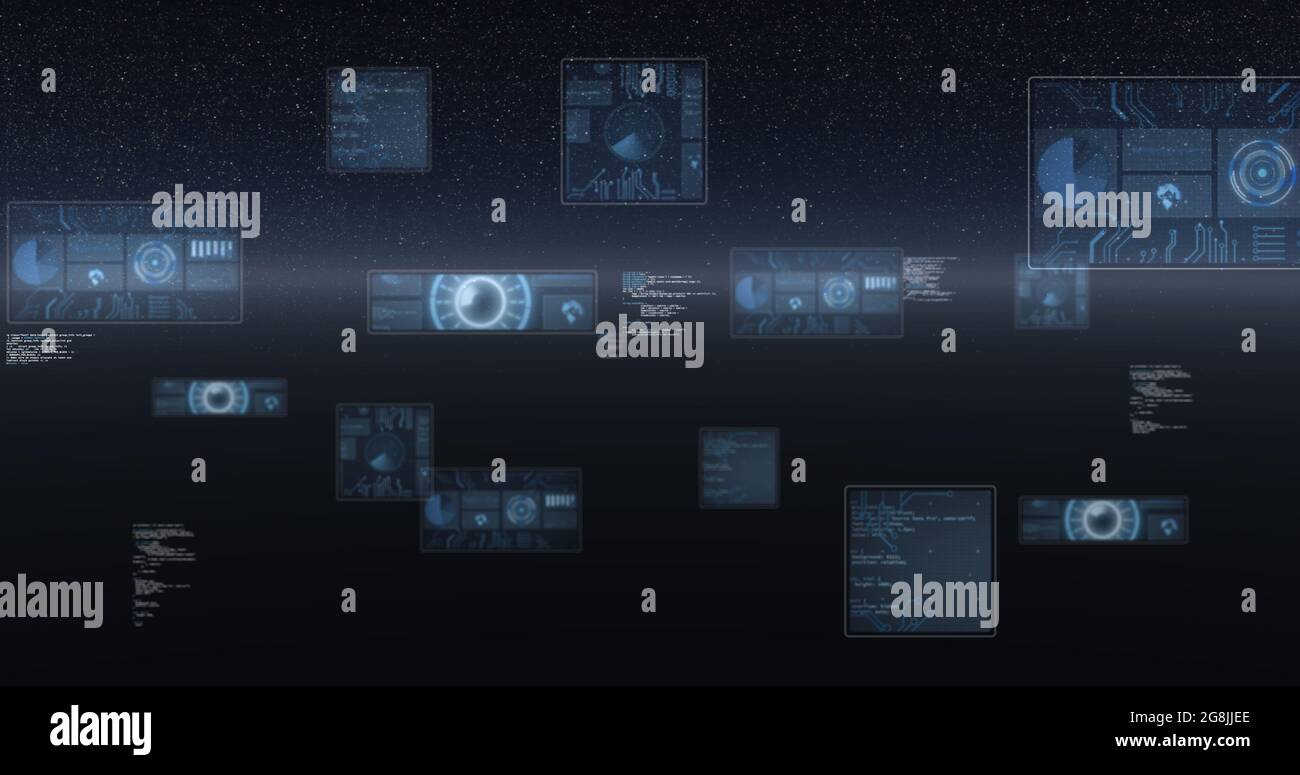 Image of scope scanning, statistics recording, globe spinning and data ...