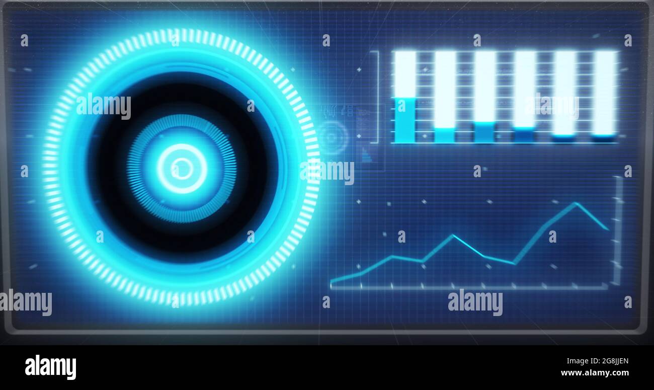 Image Of Scope Scanning Statistics Recording And Data Processing On Screen On Blue Background