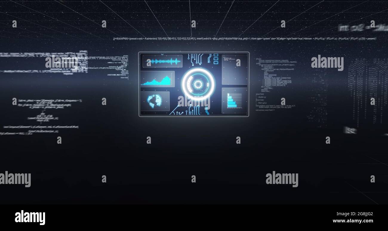 Image of scope scanning, statistics recording and data processing on screen on blue background ...
