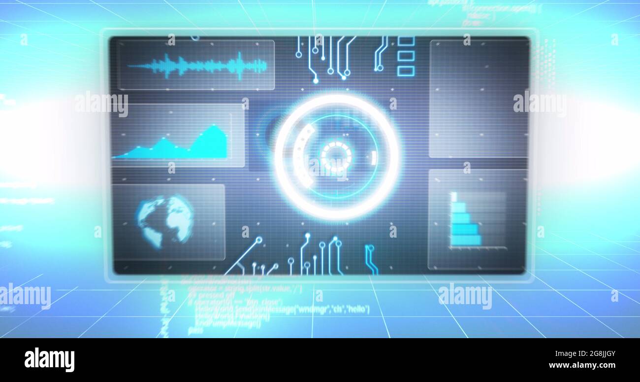 Image of scope scanning, statistics recording and data processing on screen on blue background ...