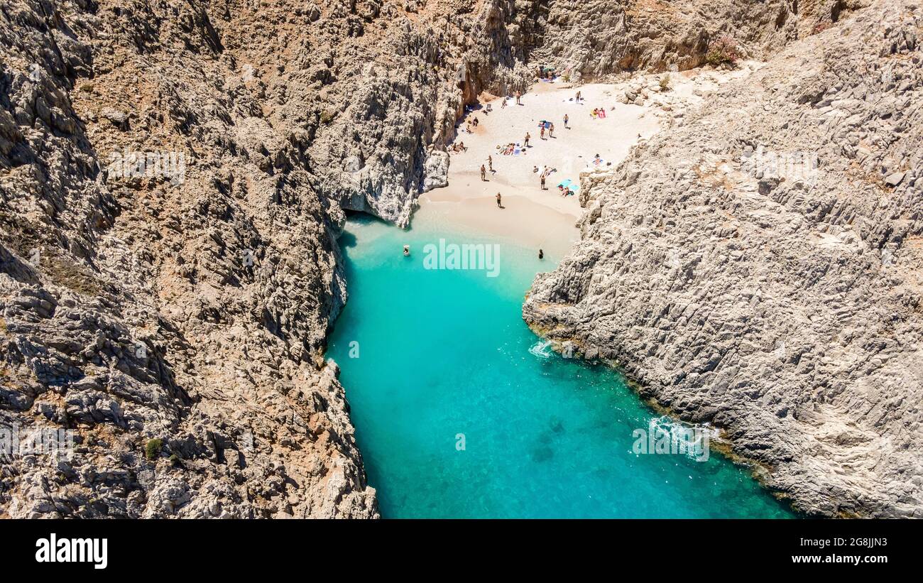 Aerial top view by drone of beach of Seitan Limania in bay with ...