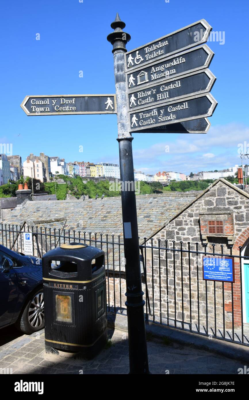Direction sign in English & Welsh, Tenby, Pembrokeshire South Wales ...