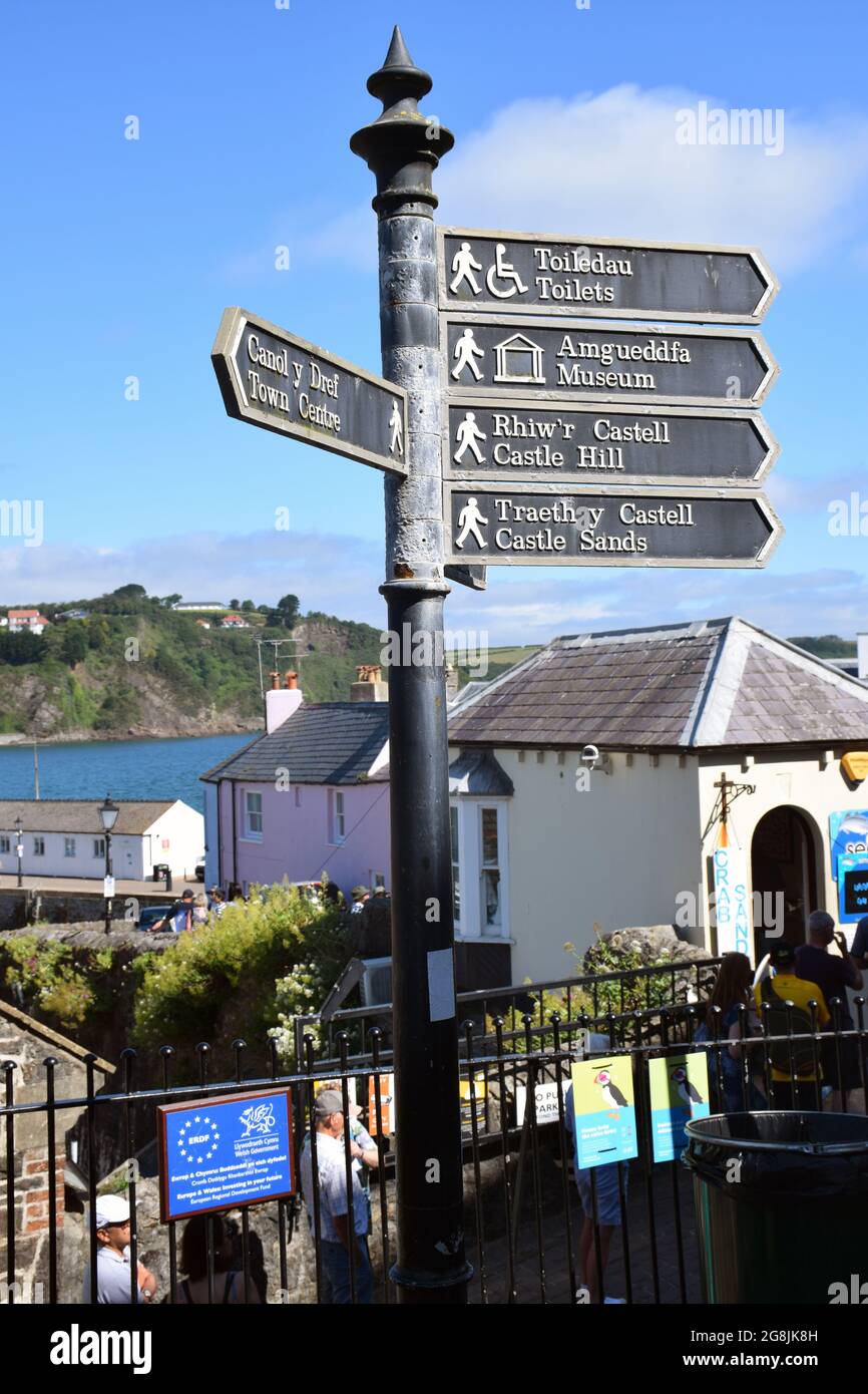 Direction sign in English & Welsh, Tenby, Pembrokeshire South Wales ...