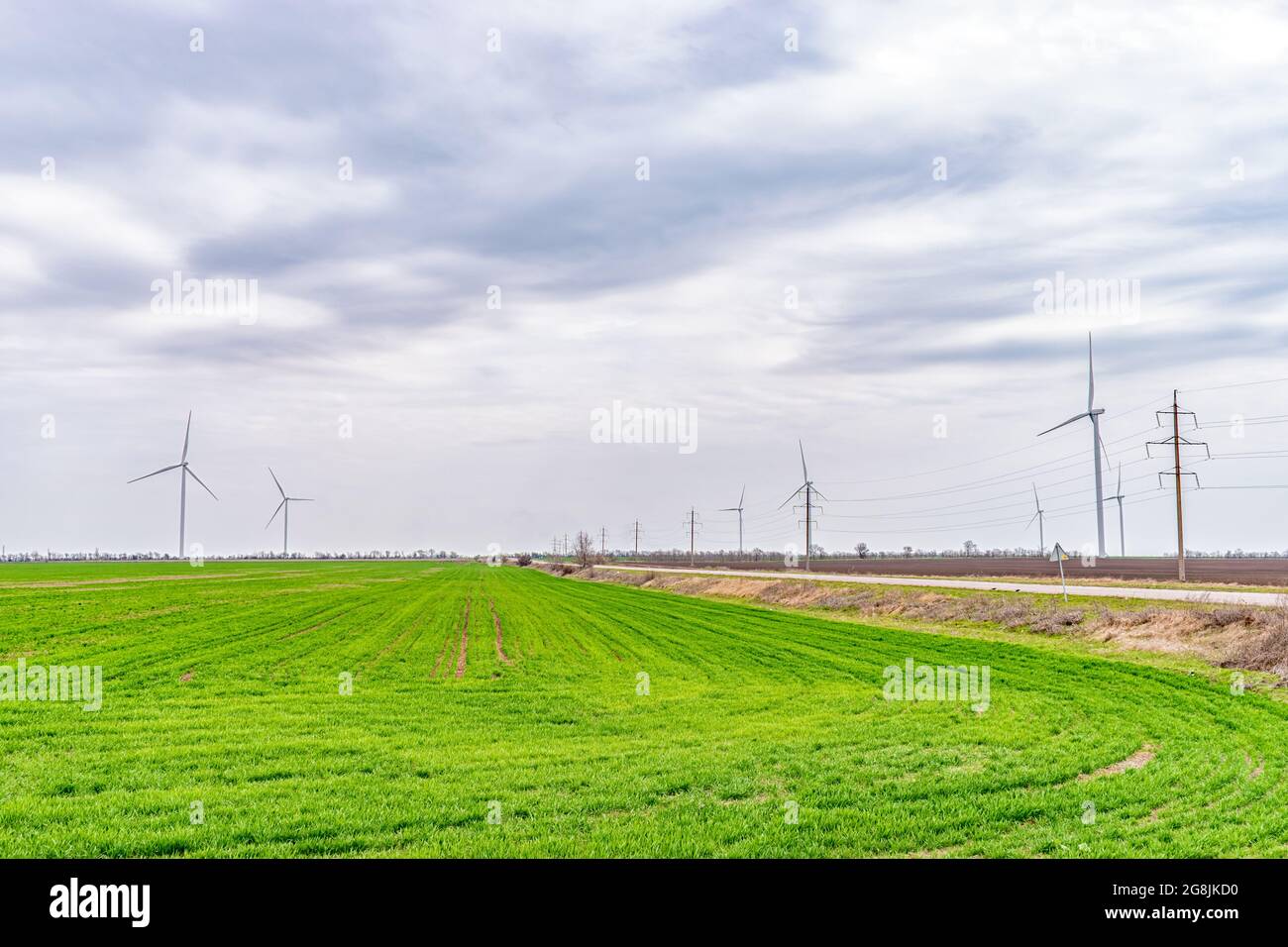 Wind turbines generating electricity in a green field. Green power ...