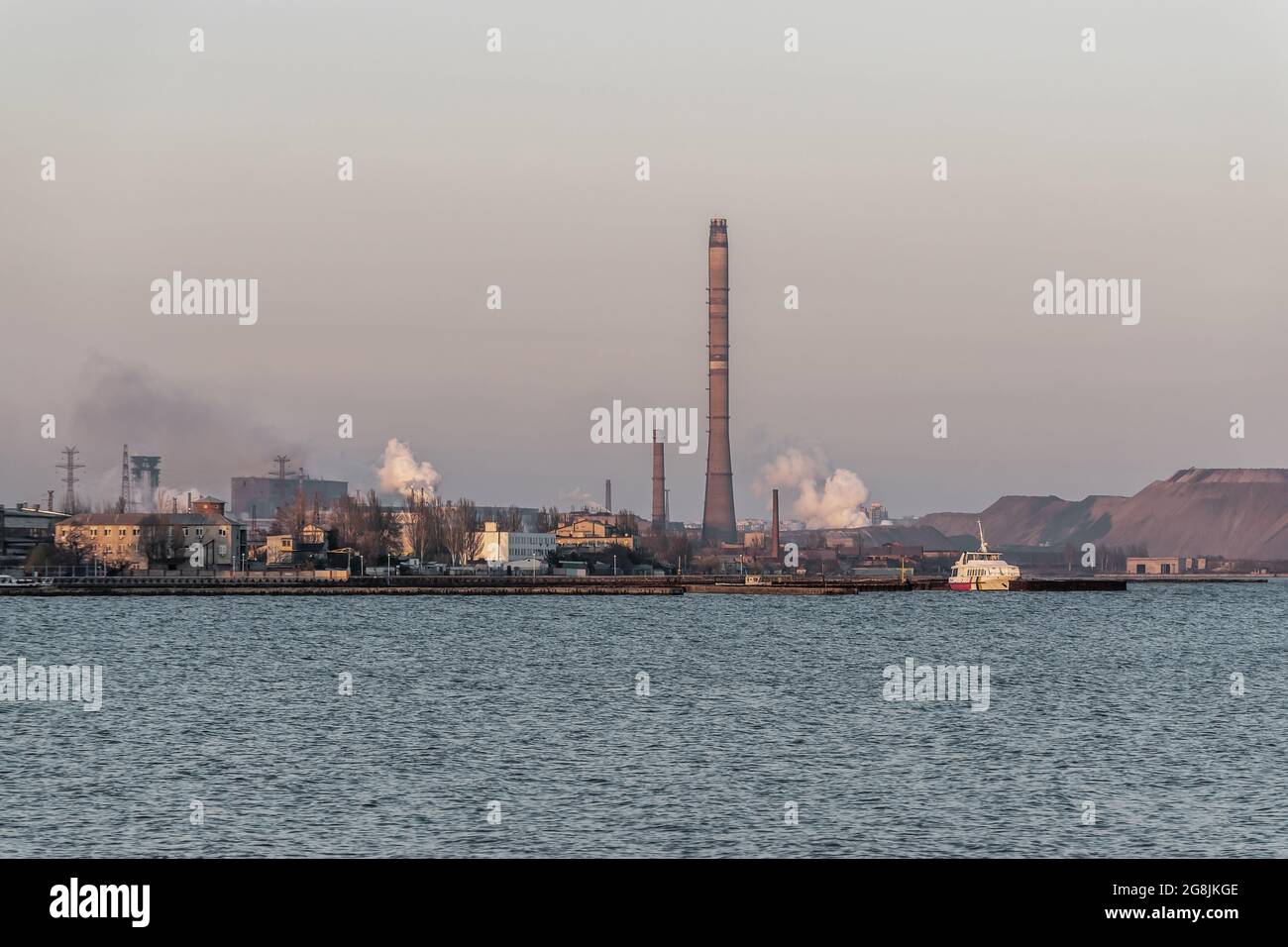 Factory with air pollution smoke from chimneys, environmental problems ...