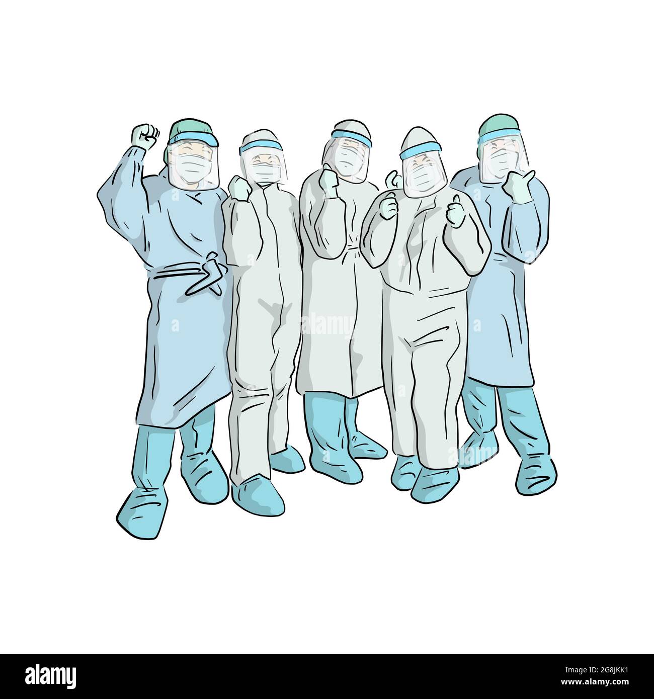 five people in ppe suit with thumbs up hand drawn with black lines ...