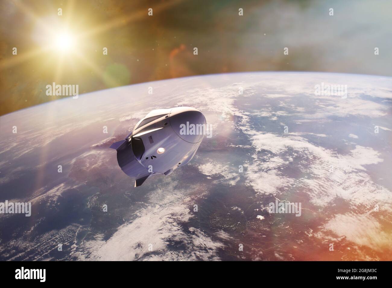 Cargo spacecraft in low-Earth orbit with sunlight. Elements of this ...