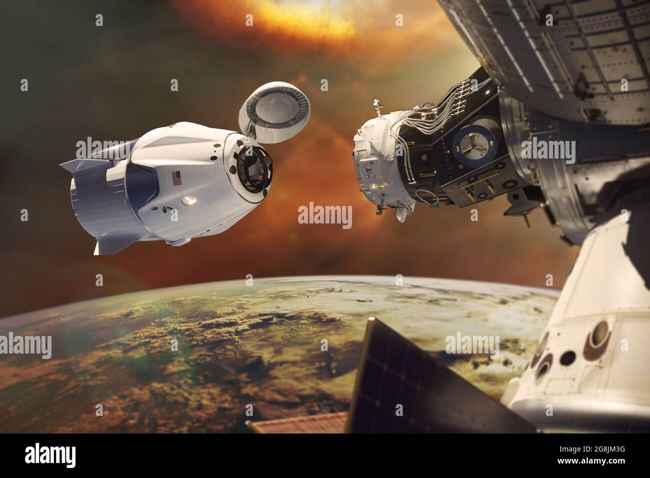 Cargo spacecraft in low-Earth orbit with sunlight. Elements of this ...