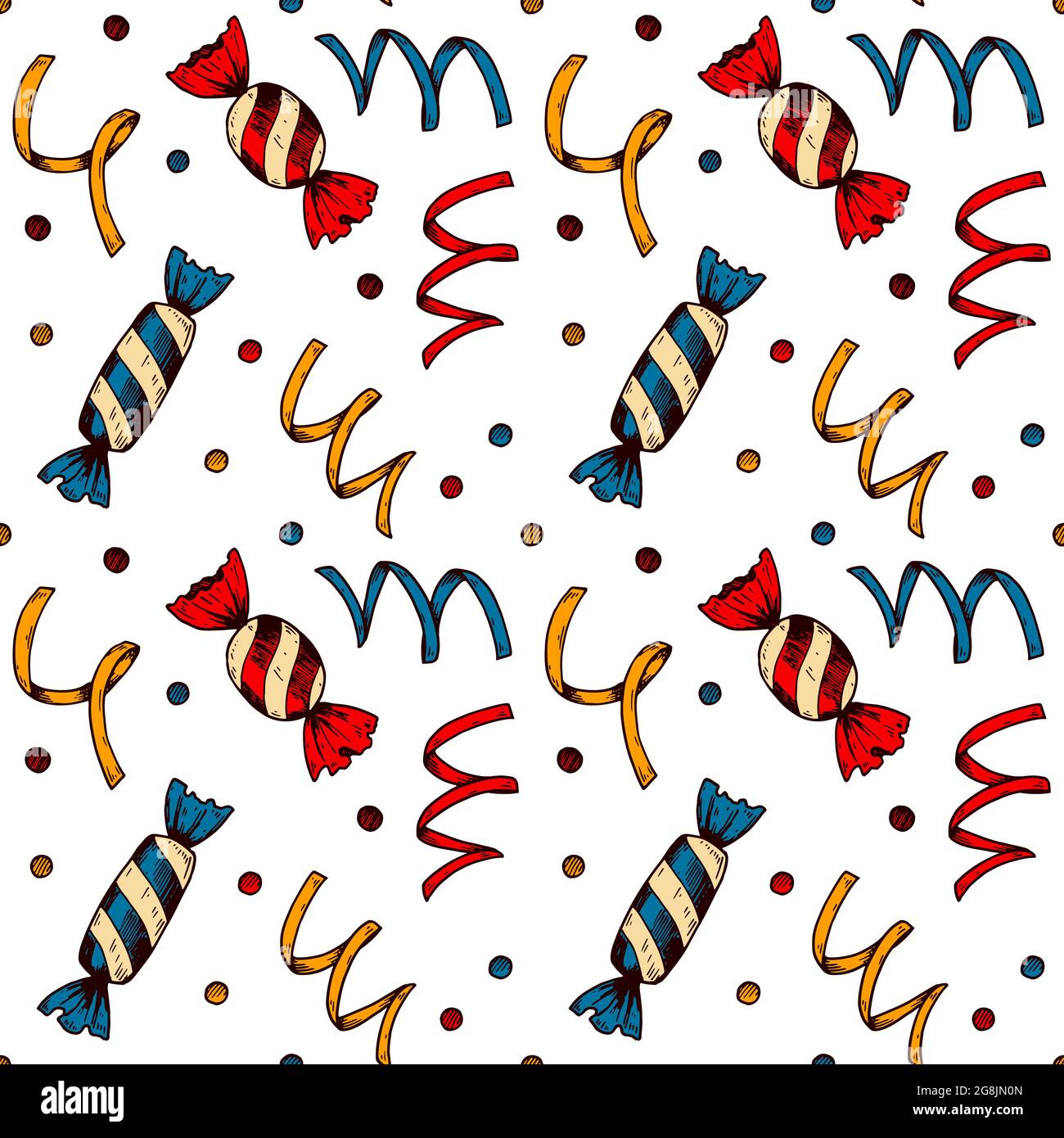 Hand drawn candy seamless pattern. Vector illustration in colored ...