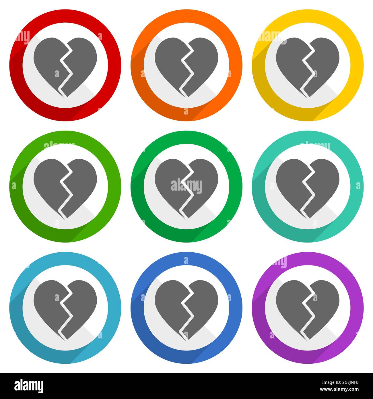 Broken heart vector icons, set of colorful flat design buttons for ...