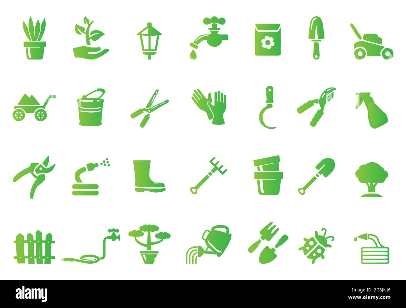 Set of garden icons in green gradient. Growing seedlings plant shoots. Agriculture and gardener ...