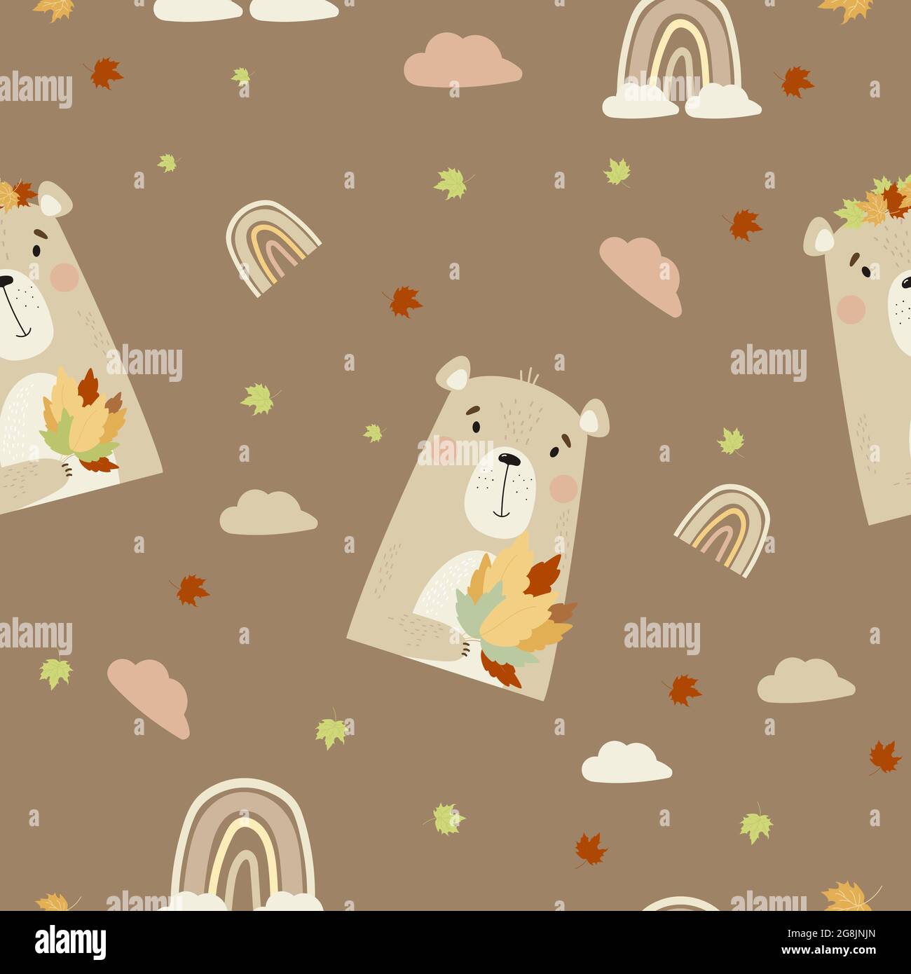 Seamless background with autumn bear. Cute animal with a bouquet of ...