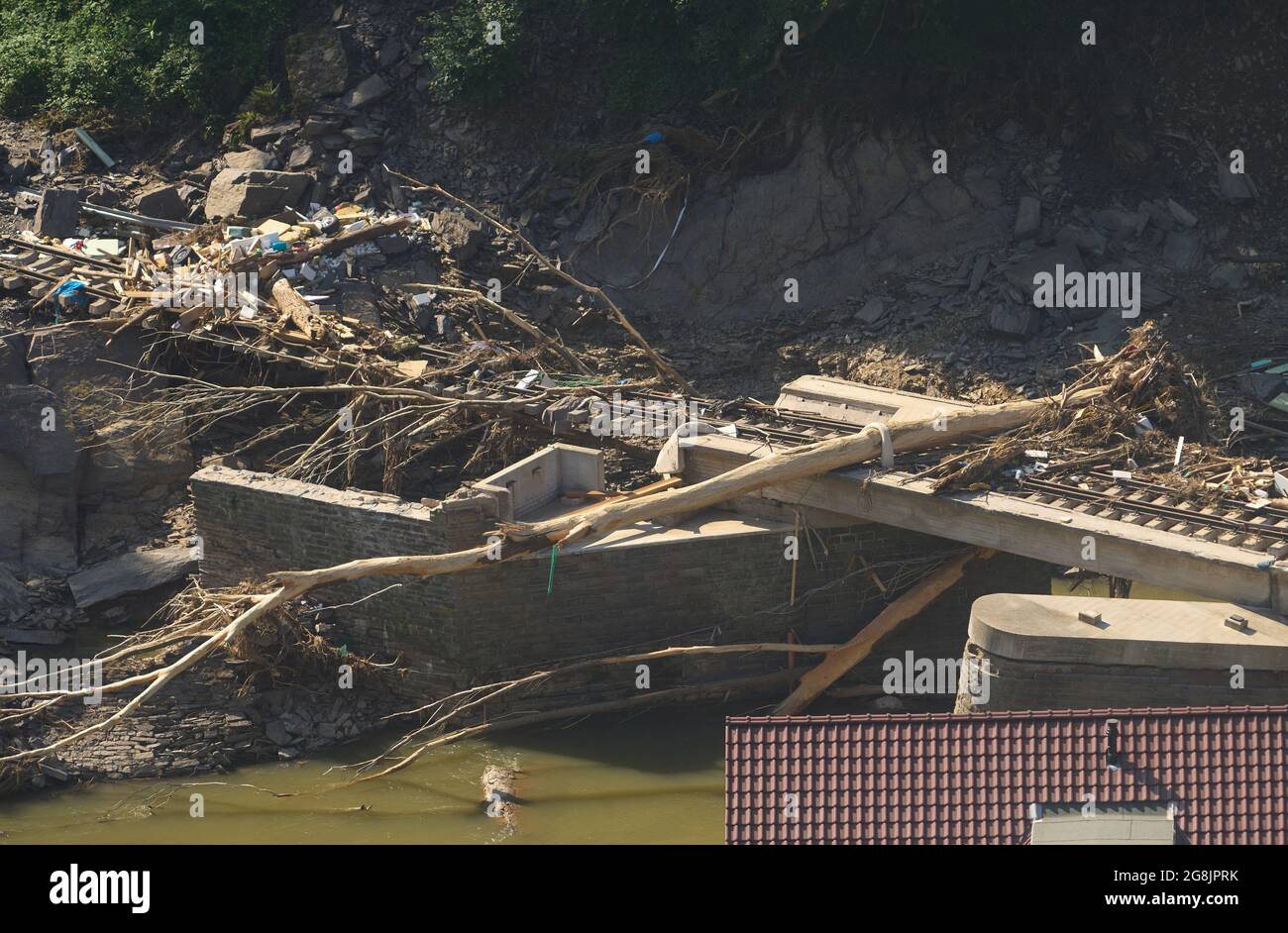 Marienthal, Germany. 21st July, 2021. Railway tracks hang in the air ...