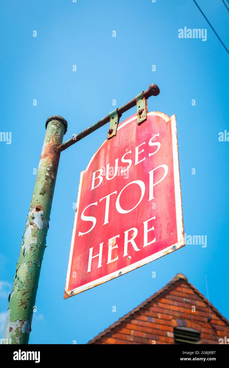 Old fashioned vintage bus stop sign, Black Country Living Museum ...