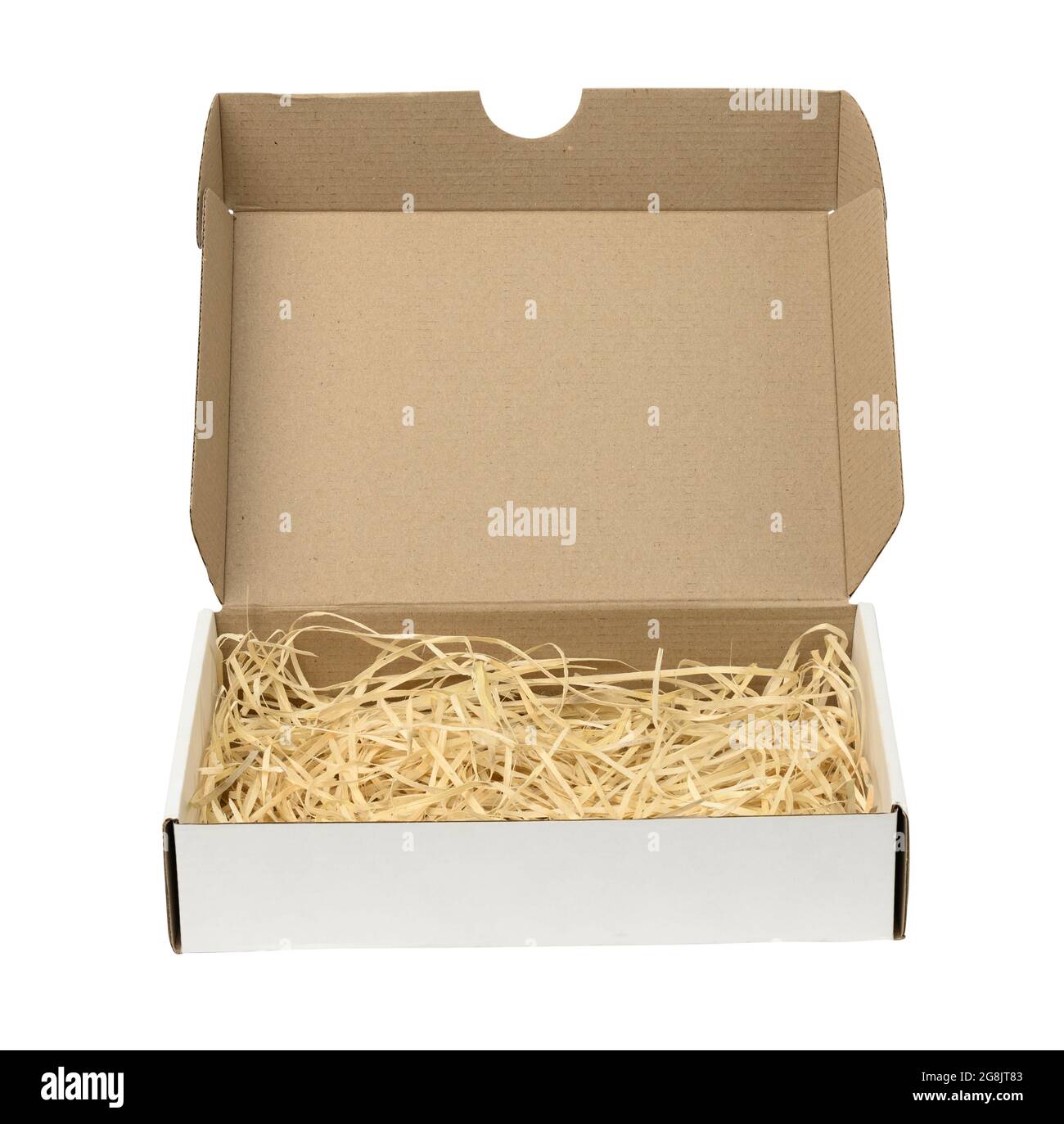 rectangular open corrugated paper box with sawdust inside. Packaging ...