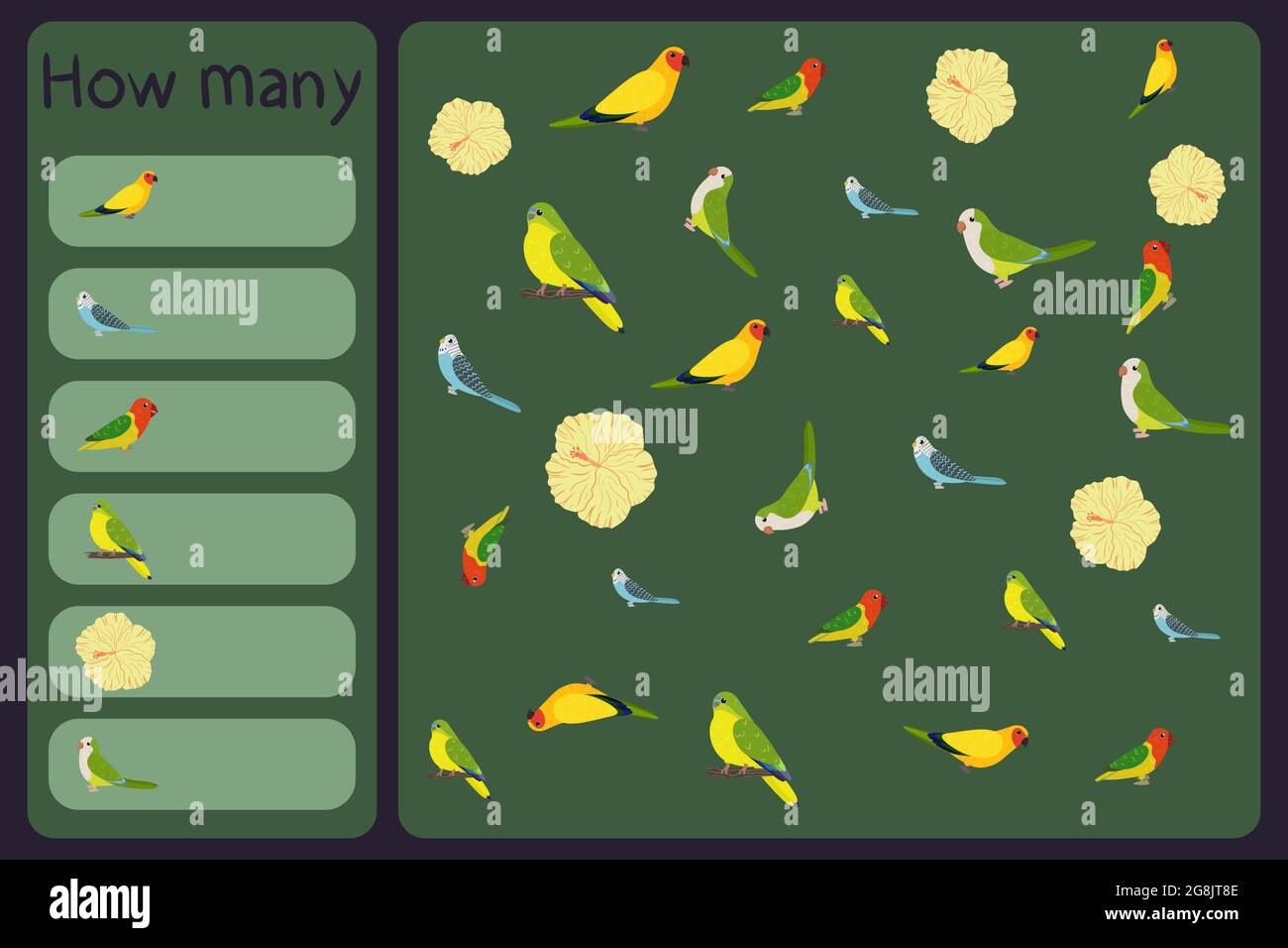 Kids mathematical mini game - count how many parrots and tropical ...