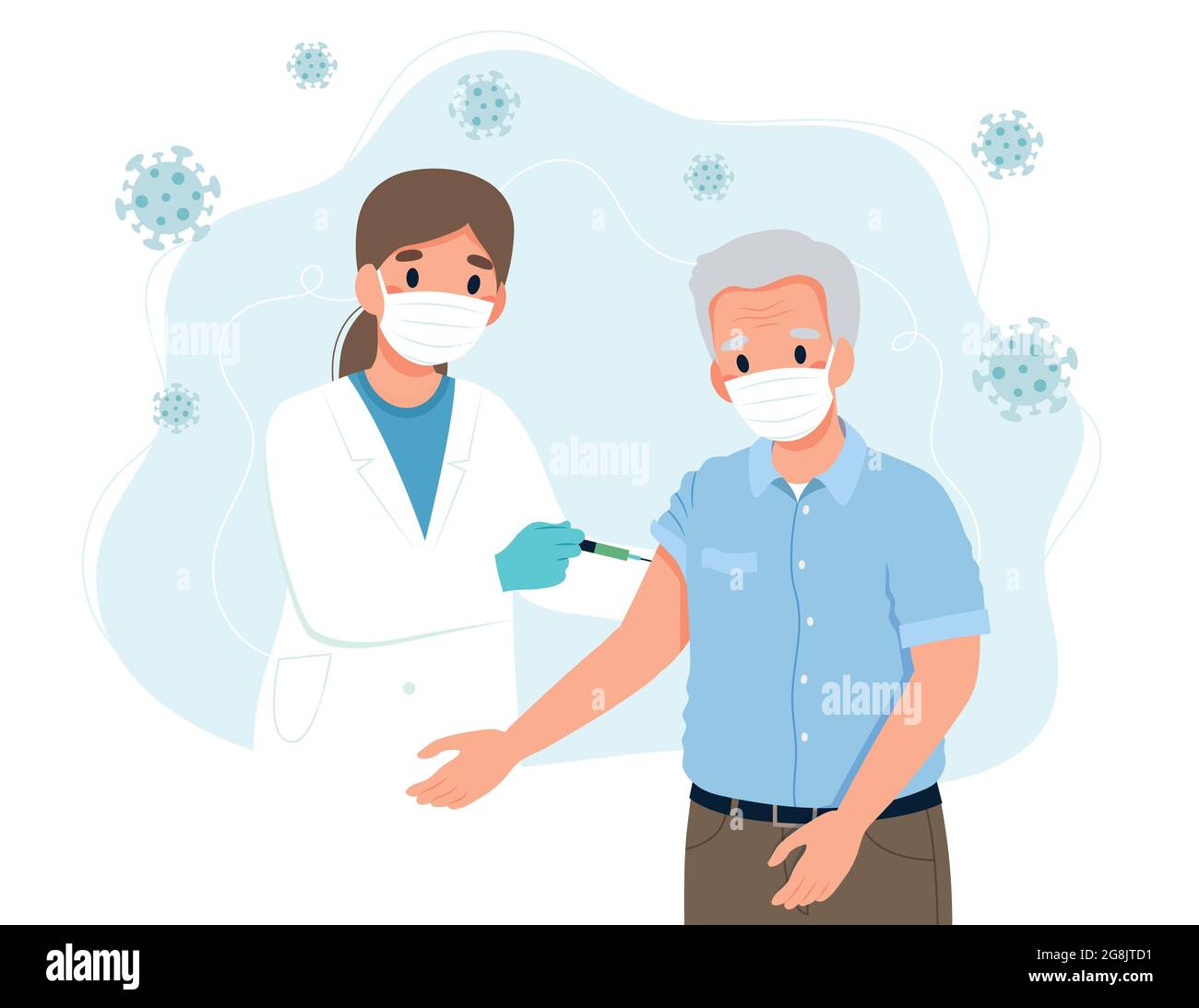 Vaccination for the elderly, senior man and a doctor with a syringe ...