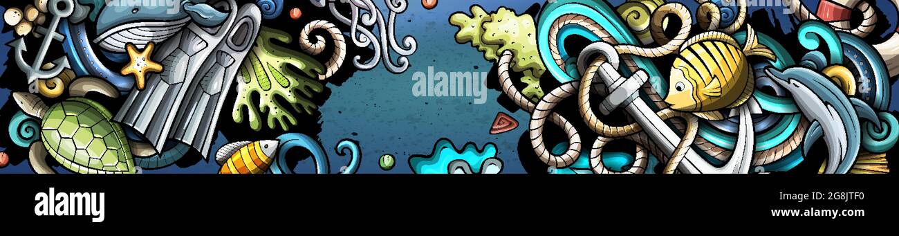 Diving hand drawn doodle banner. Cartoon vector detailed flyer Stock ...