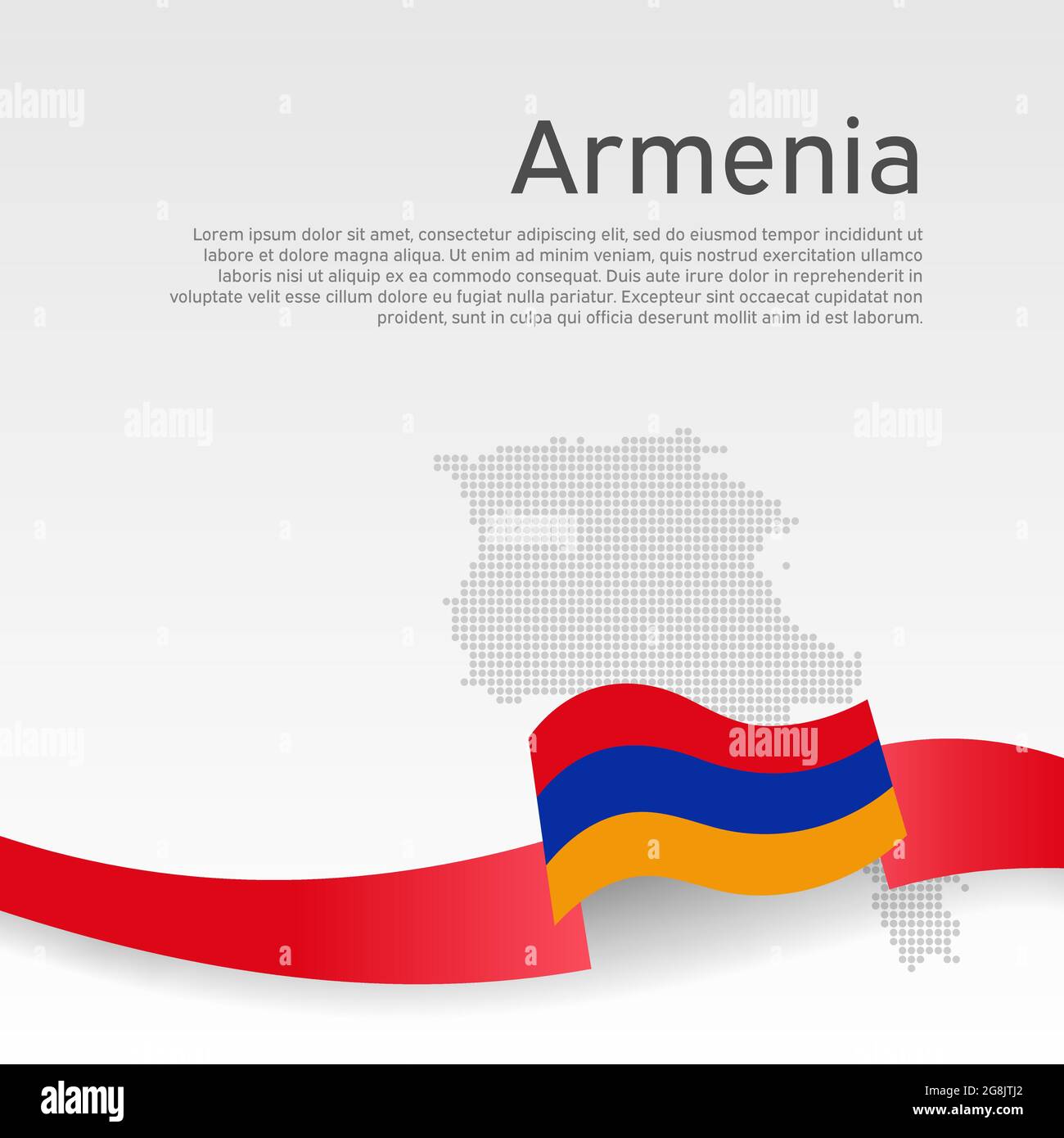 Armenia flag, mosaic map on white background. Wavy ribbon with the ...
