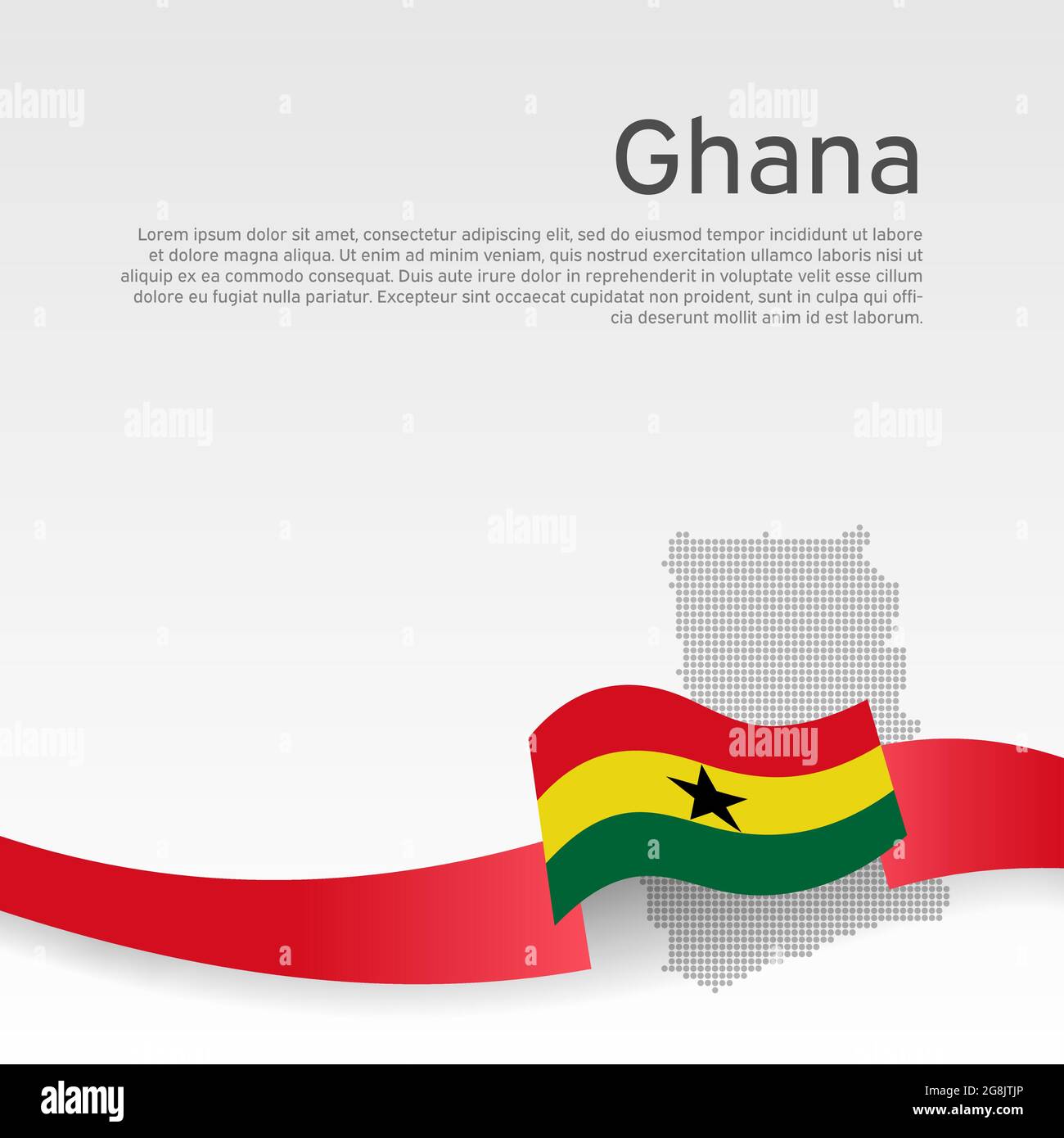 Ghana flag, mosaic map on white background. Wavy ribbon with the ghana ...
