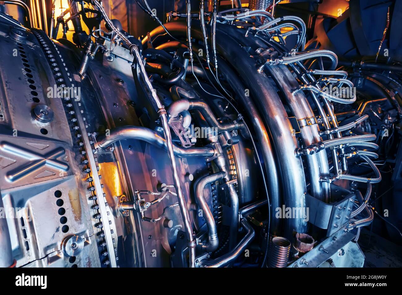 Parts of the operational gas turbine engine of a jet aircraft. Heavy ...