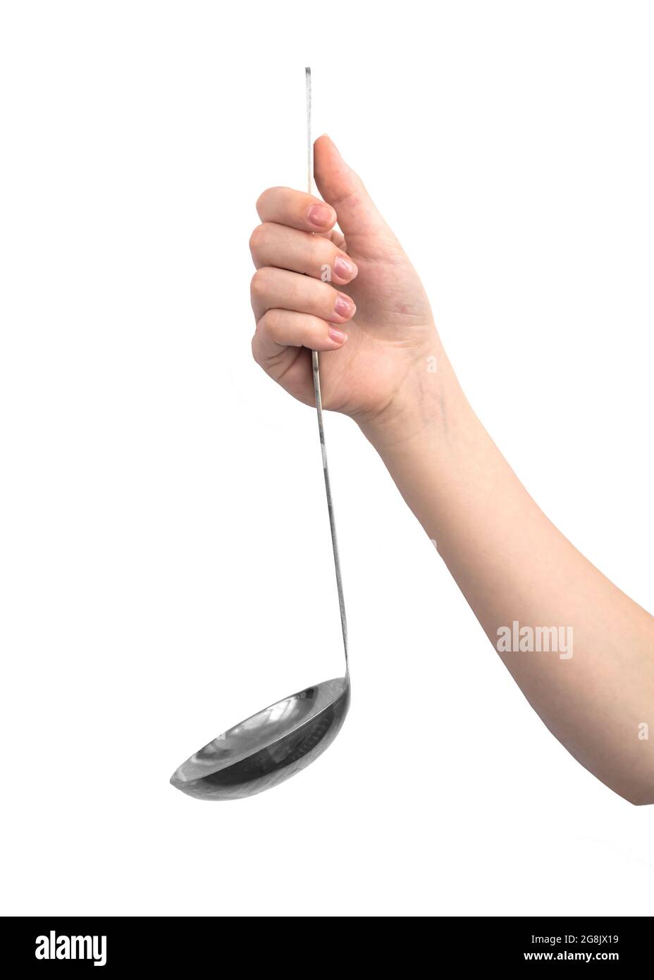 Hand with stainless ladle, isolated on a white background Stock Photo ...