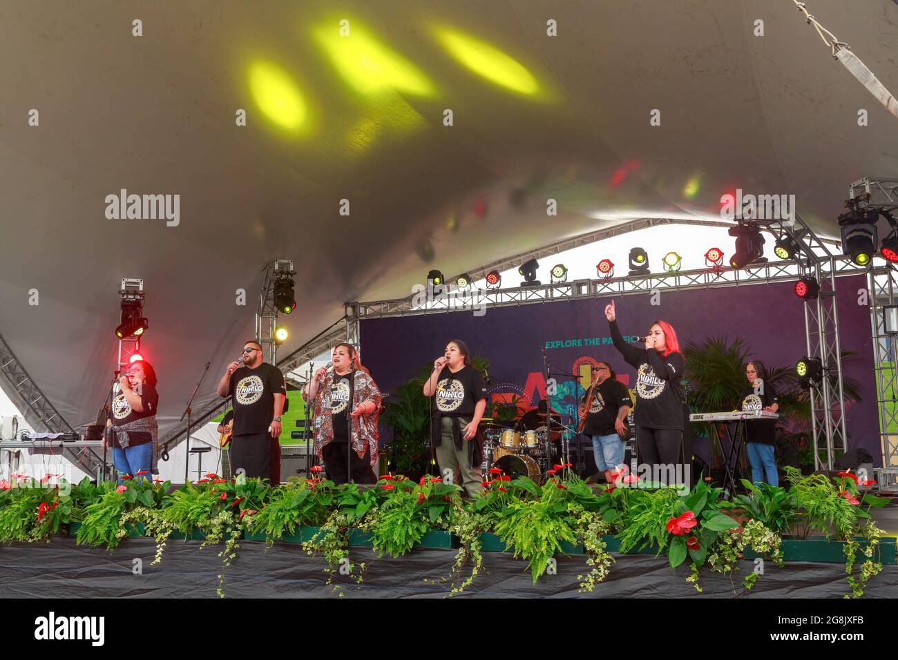 A Polynesian gospel band, Ex Nihilo, performing on stage at Pasifika ...