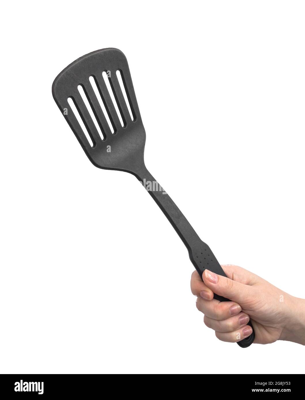 Plastic spatula in woman hand, isolated on a white background Stock ...