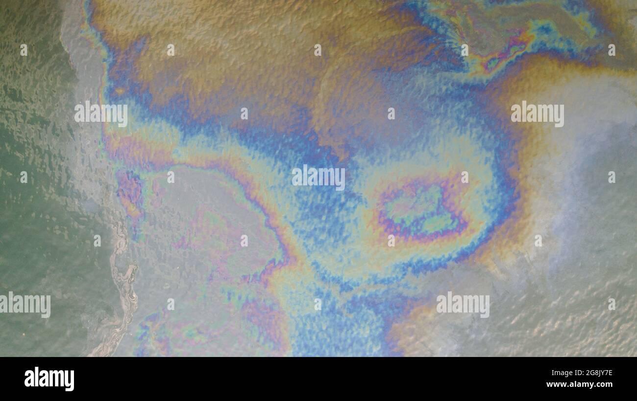 Aerail view to the oil spill pattern on the se water surface Stock ...