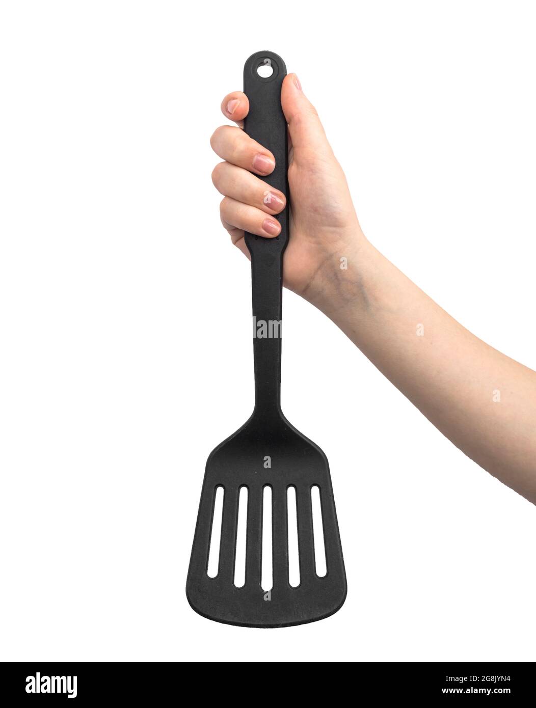 Plastic spatula in hand, isolated on a white background Stock Photo - Alamy