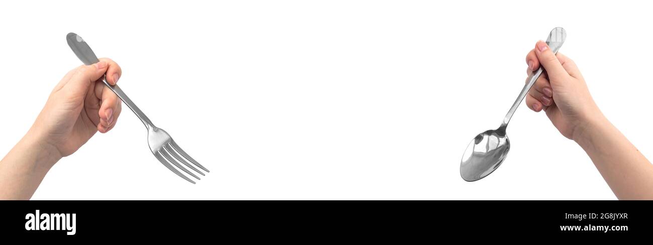 Silver cutlery in hand. Woman using spoon and fork. Kitchenware banner ...