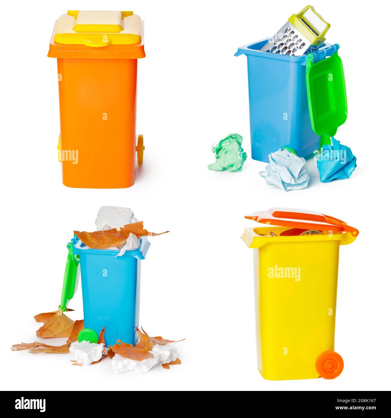 Recycling concept. Colorful bins for different garbage on white ...