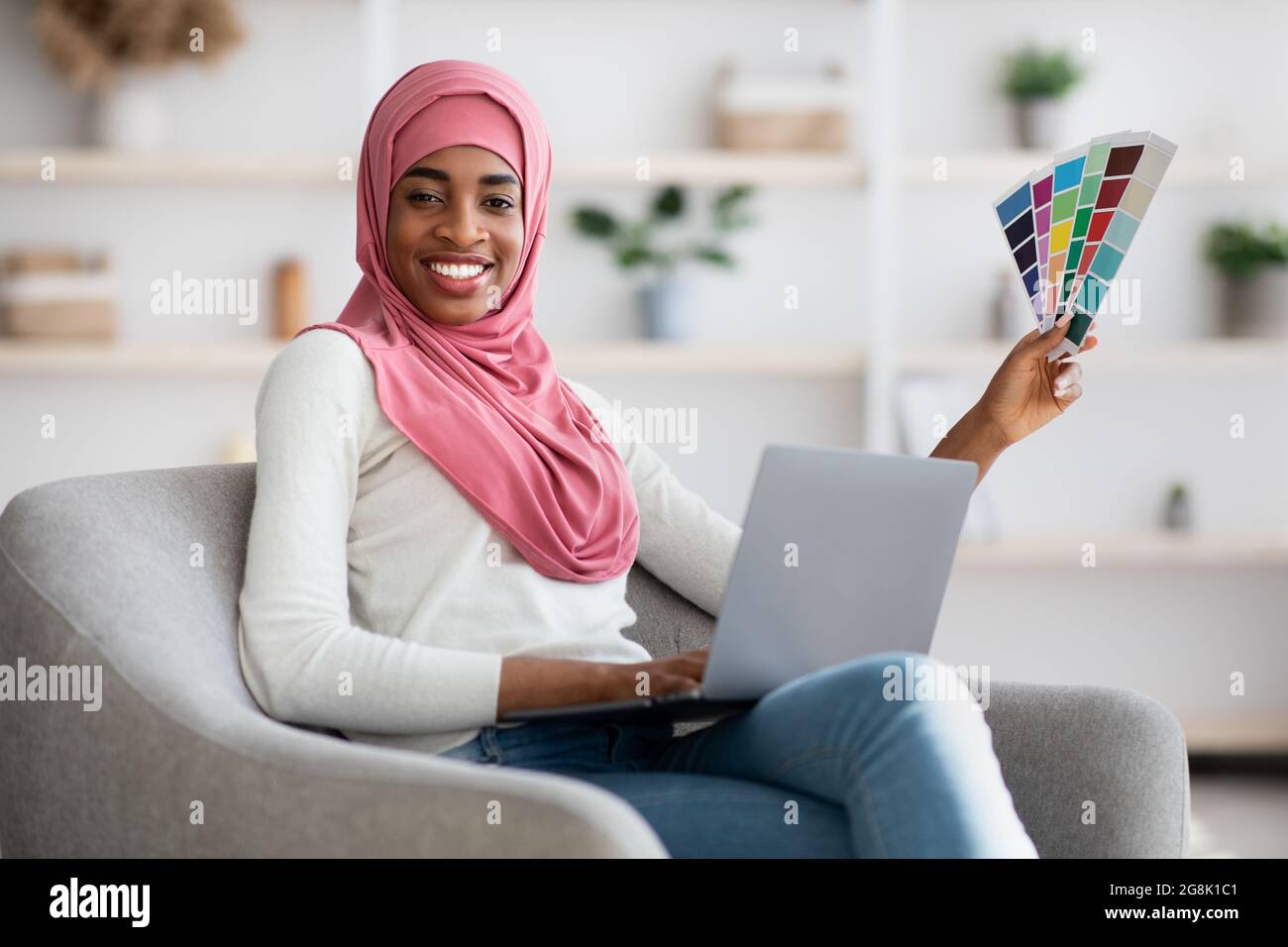 Muslim Women Jobs. Black Islamic Designer Lady With Laptop And Color ...