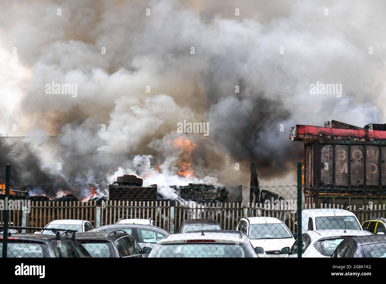 The fire service battle to control a large fire at an industrial estate ...