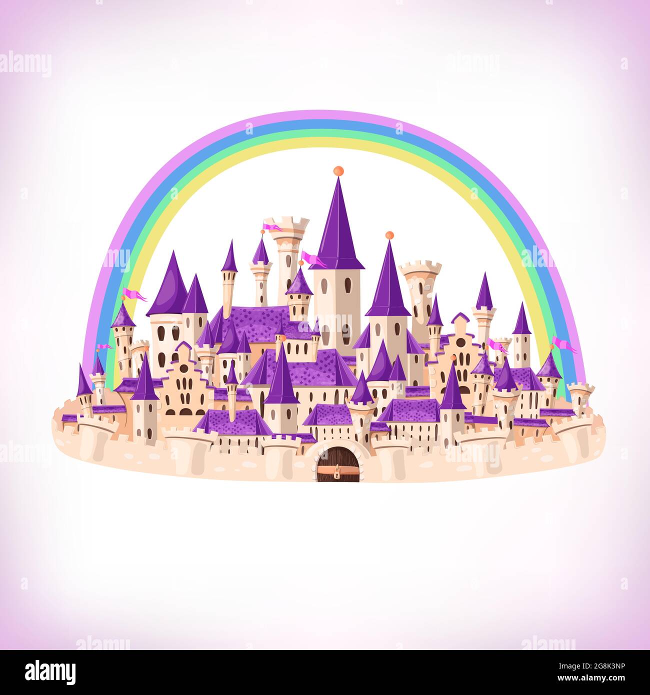 FairyTale cartoon castle. Cute cartoon castle. Fantasy fairy tale palace with rainbow. Vector ...