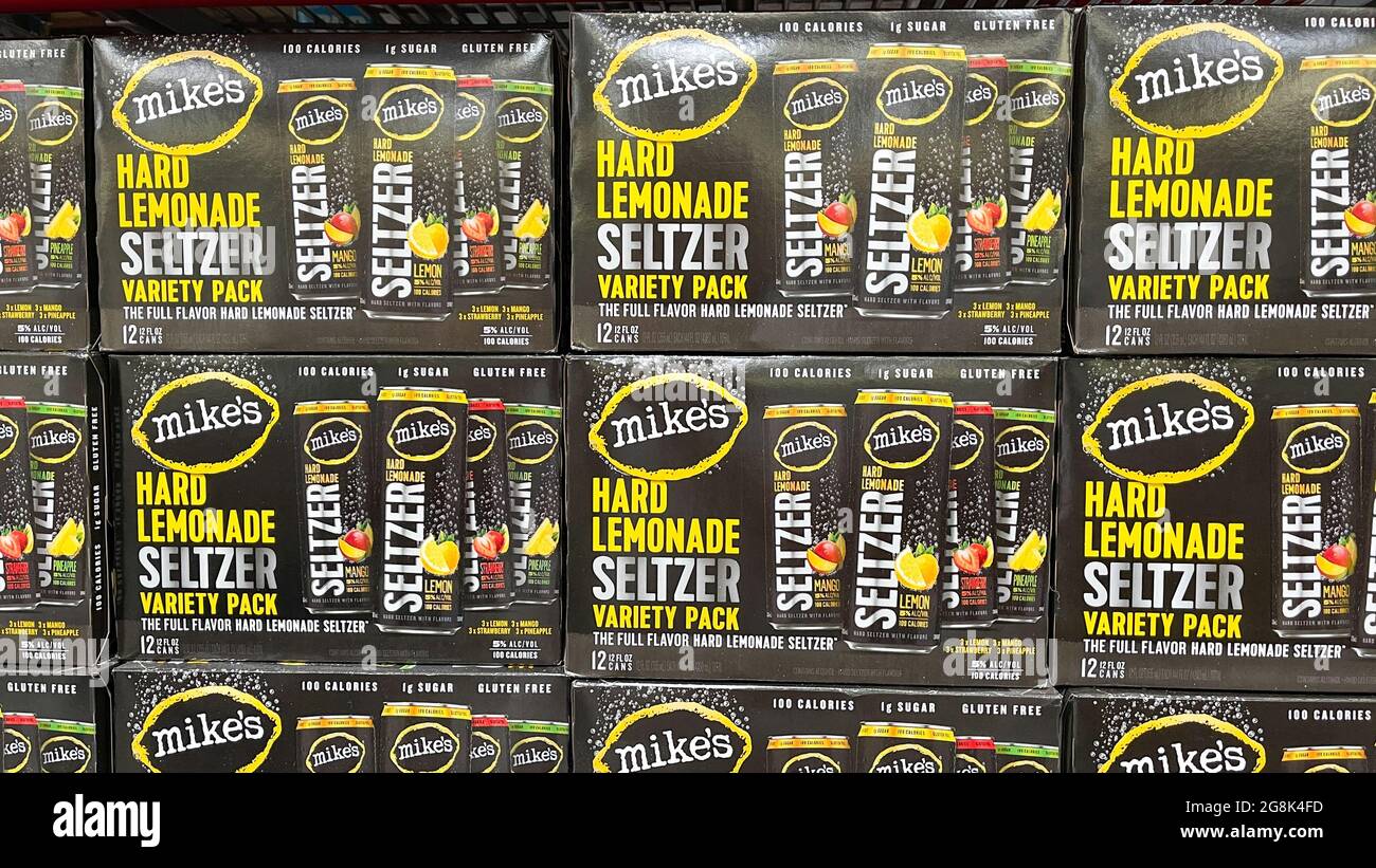 Orlando, FL USA - July 5, 2021: Cases of Mikes Hard Lemonade Seltzer in ...