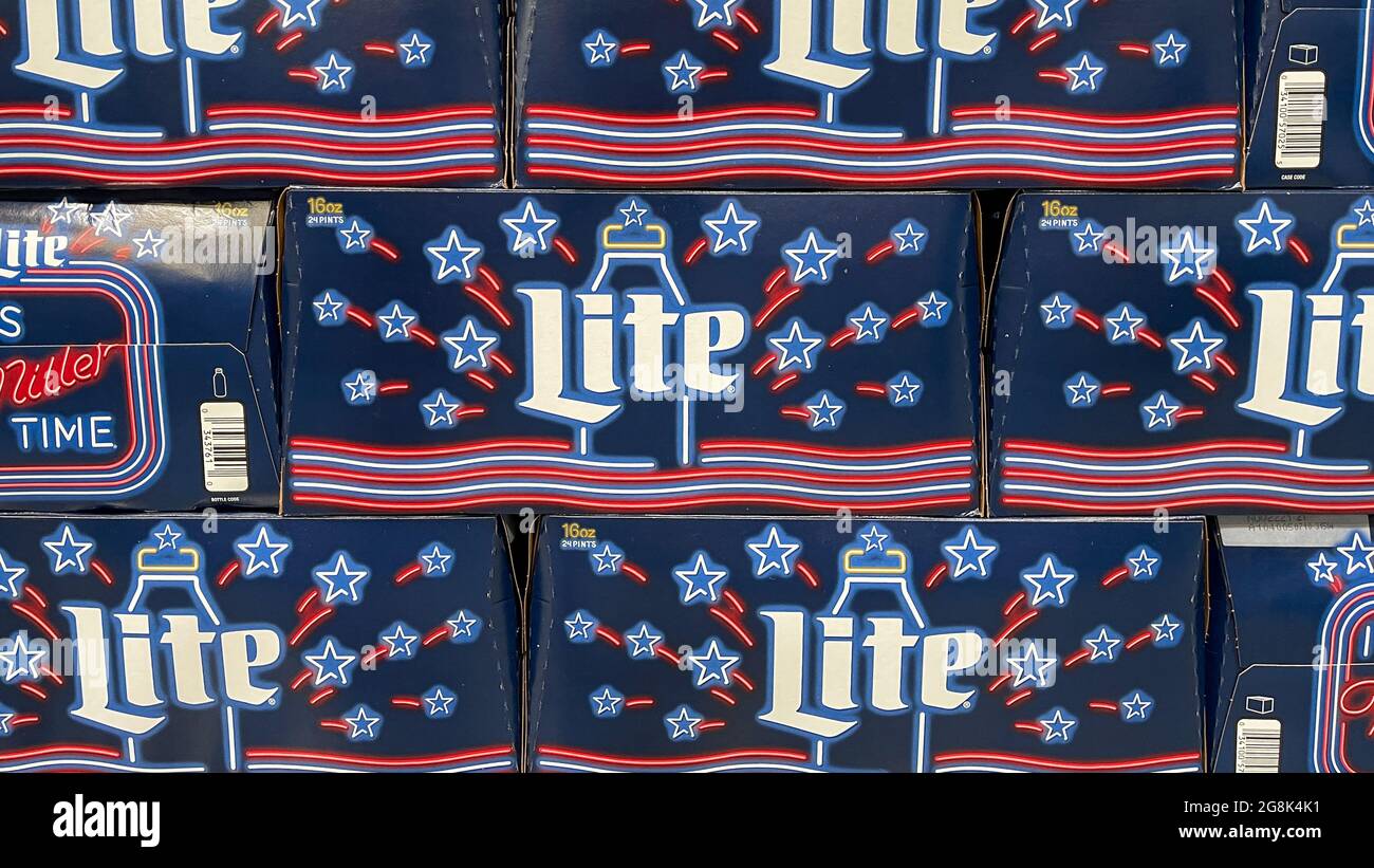 Orlando, FL USA - July 16, 2021: Cases of cans of Miller Lite Beer at a ...