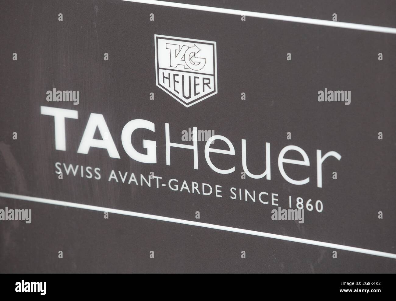Logo und Schriftzug von Tag Heuer. (Photo by Alexander Pohl/Sipa USA ...