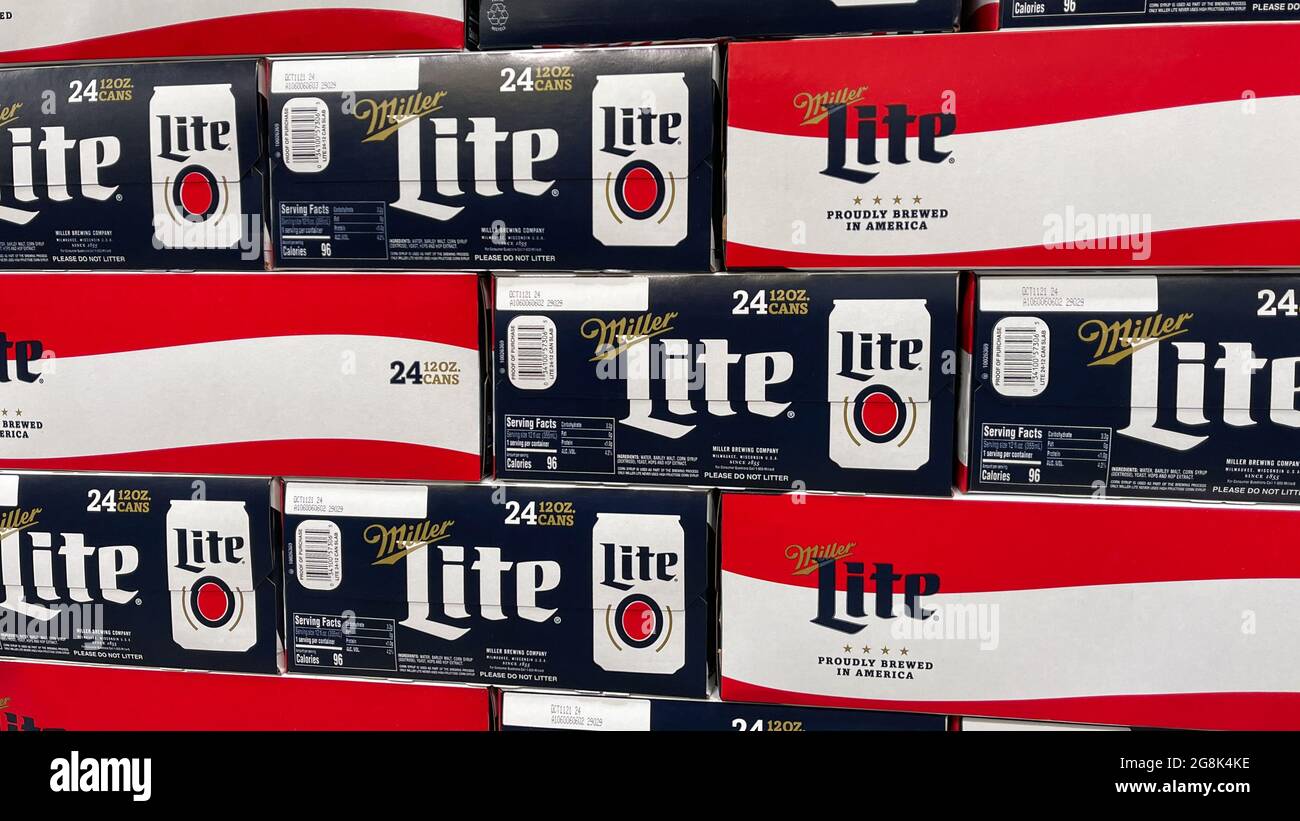 Orlando, FL USA - July 16, 2021: Cases of cans of Miller Lite Beer at a ...