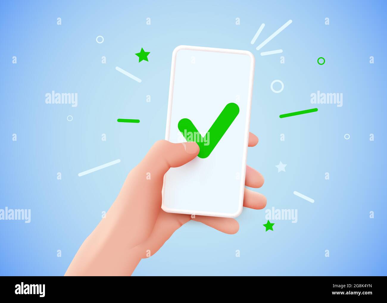 Hand holds smartphone and set a check mark on the screen. Vector ...