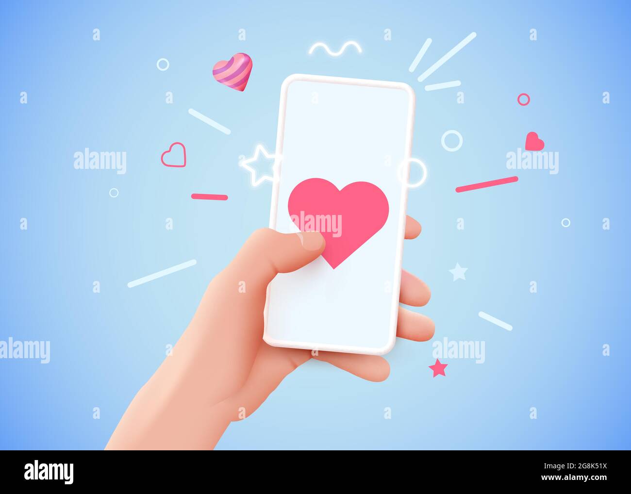 Hand holding phone with heart symbol. Social networking concept. Vector ...