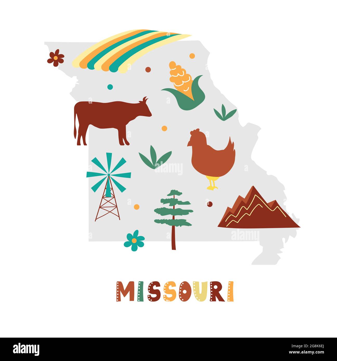 USA map collection. State symbols and nature on gray state silhouette ...