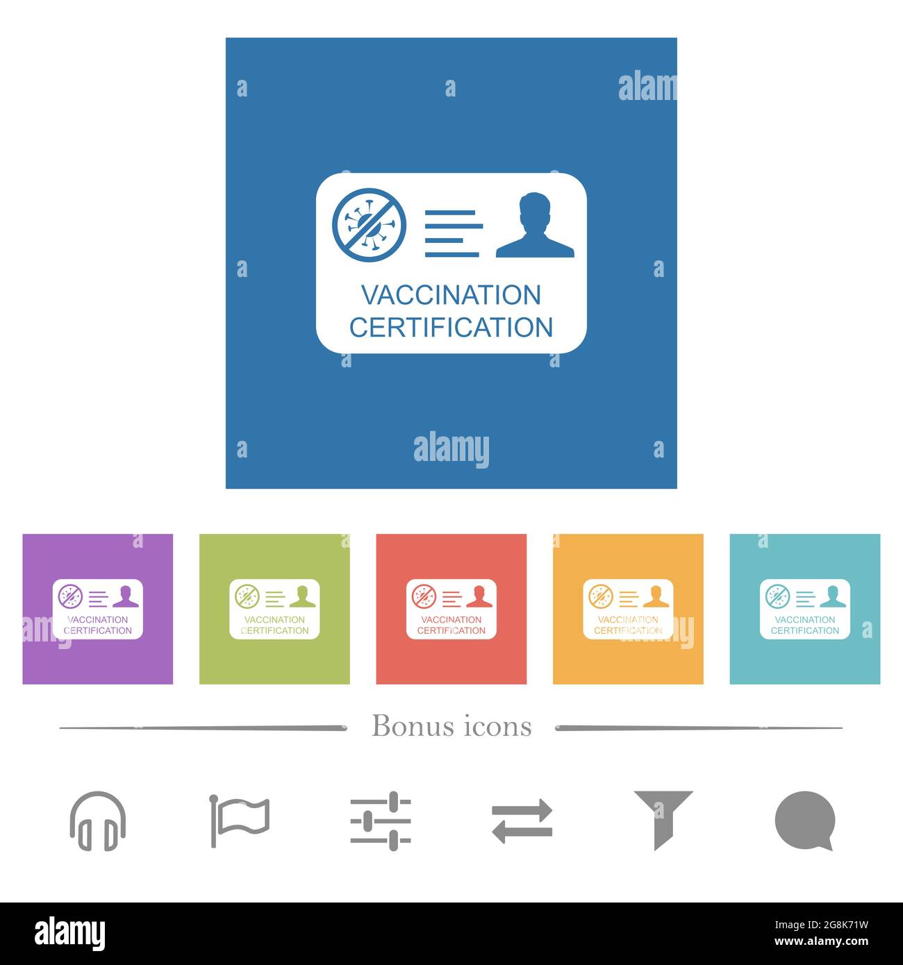 Vaccination certification flat white icons in square backgrounds. 6 ...