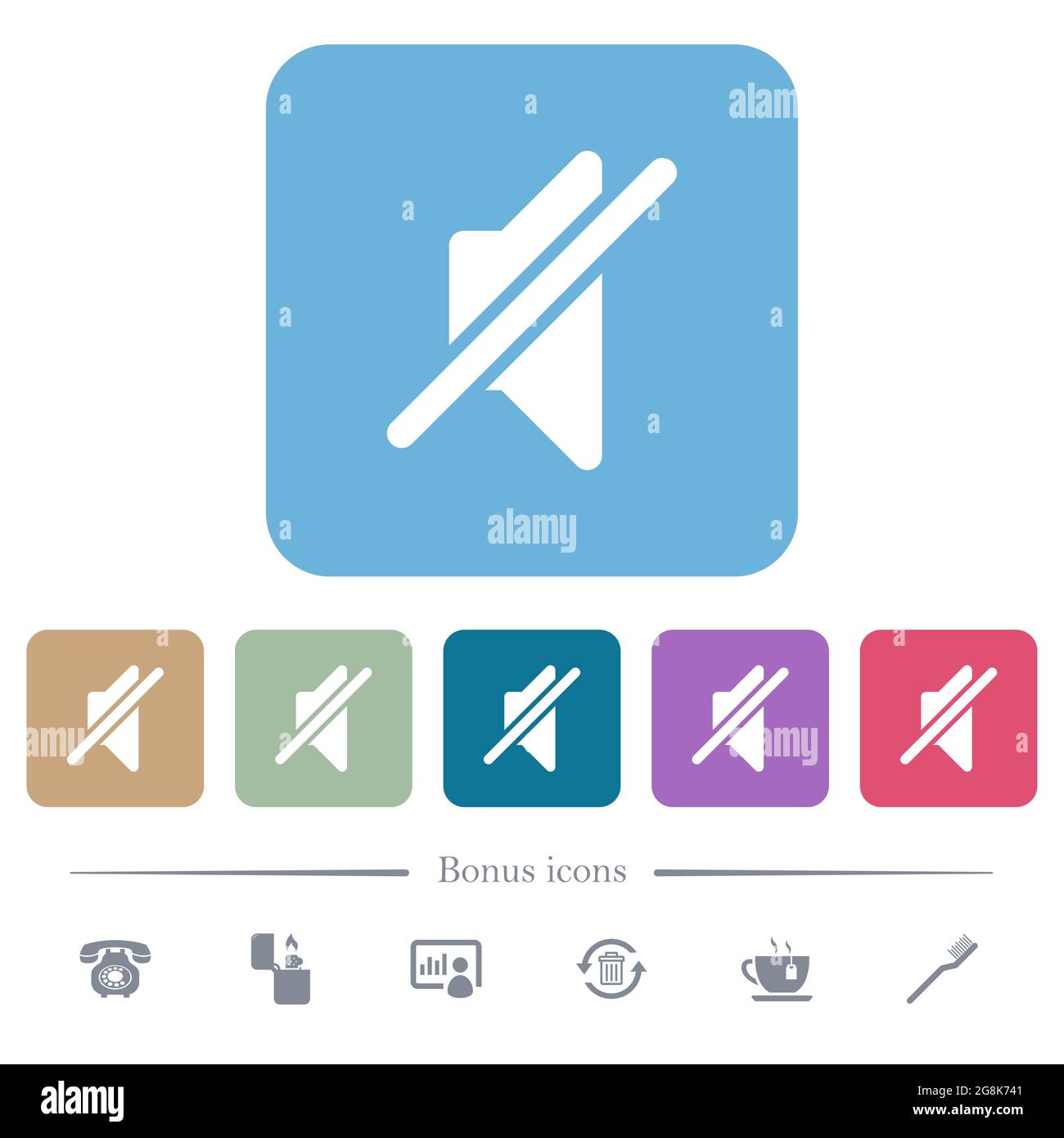 Mute white flat icons on color rounded square backgrounds. 6 bonus ...