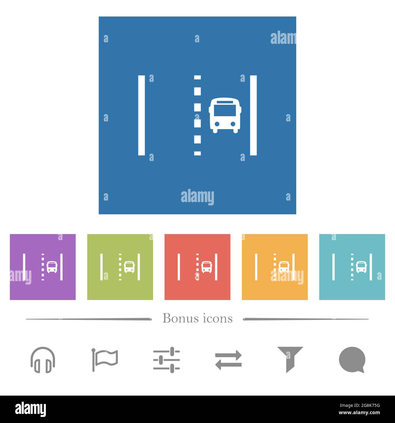Bus lane flat white icons in square backgrounds. 6 bonus icons included ...