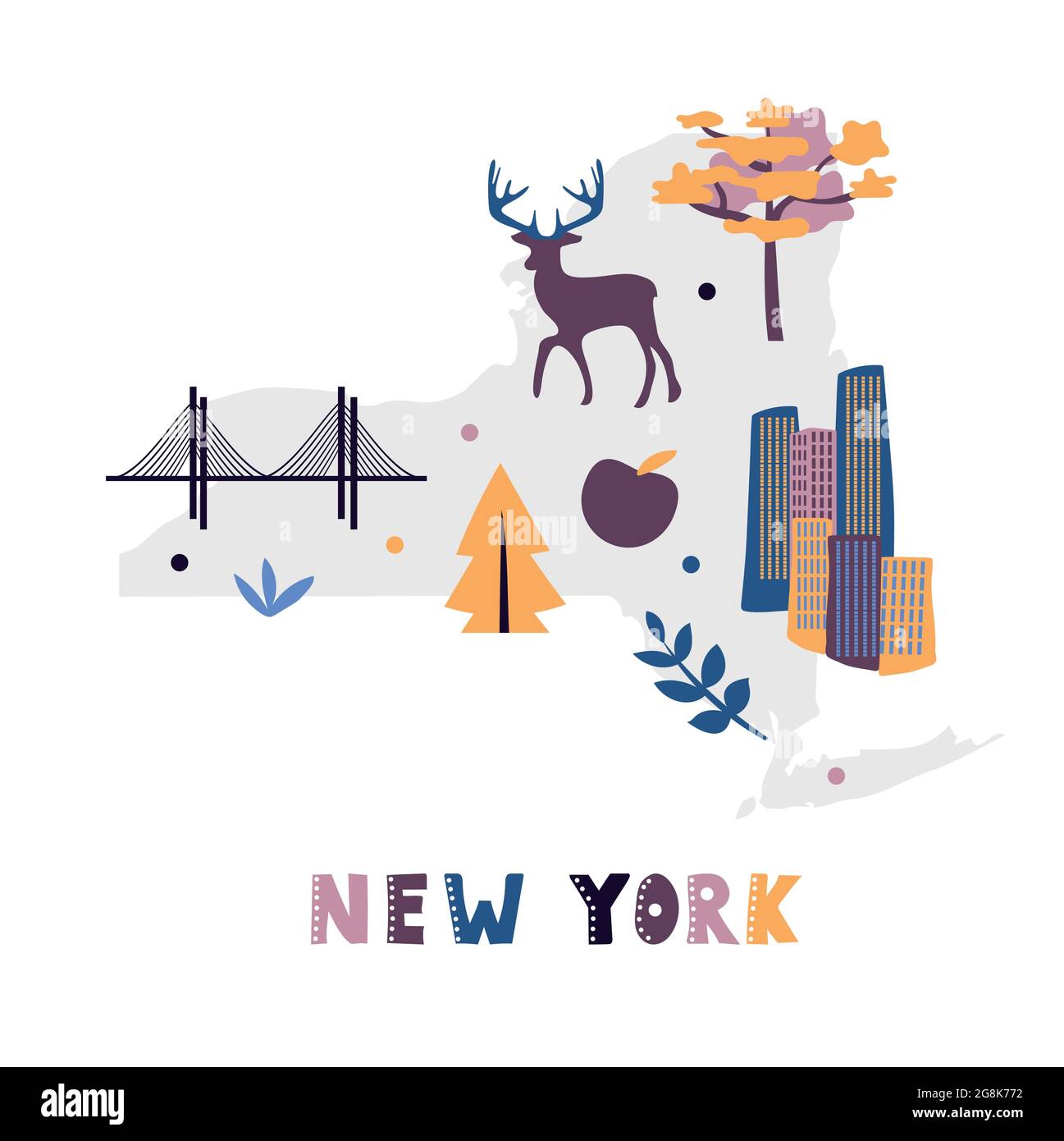 USA map collection. State symbols and nature on gray state silhouette ...