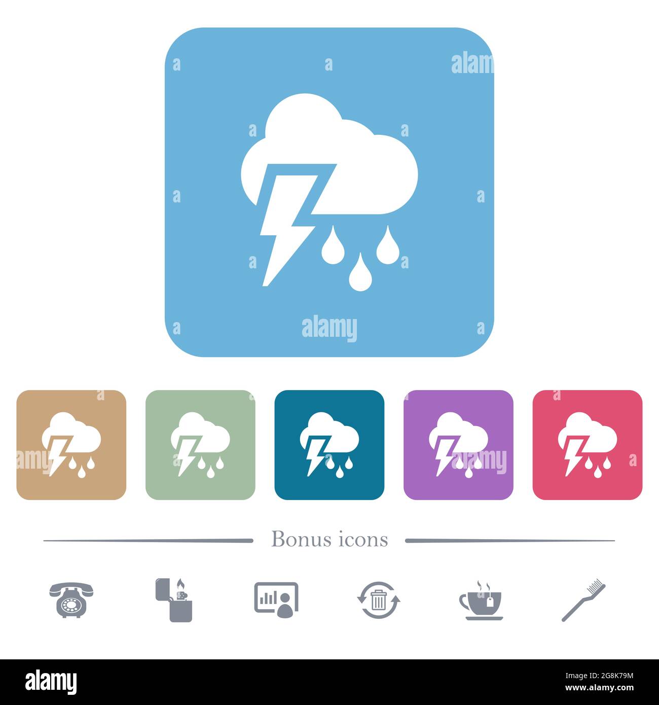 Stormy weather white flat icons on color rounded square backgrounds. 6 ...