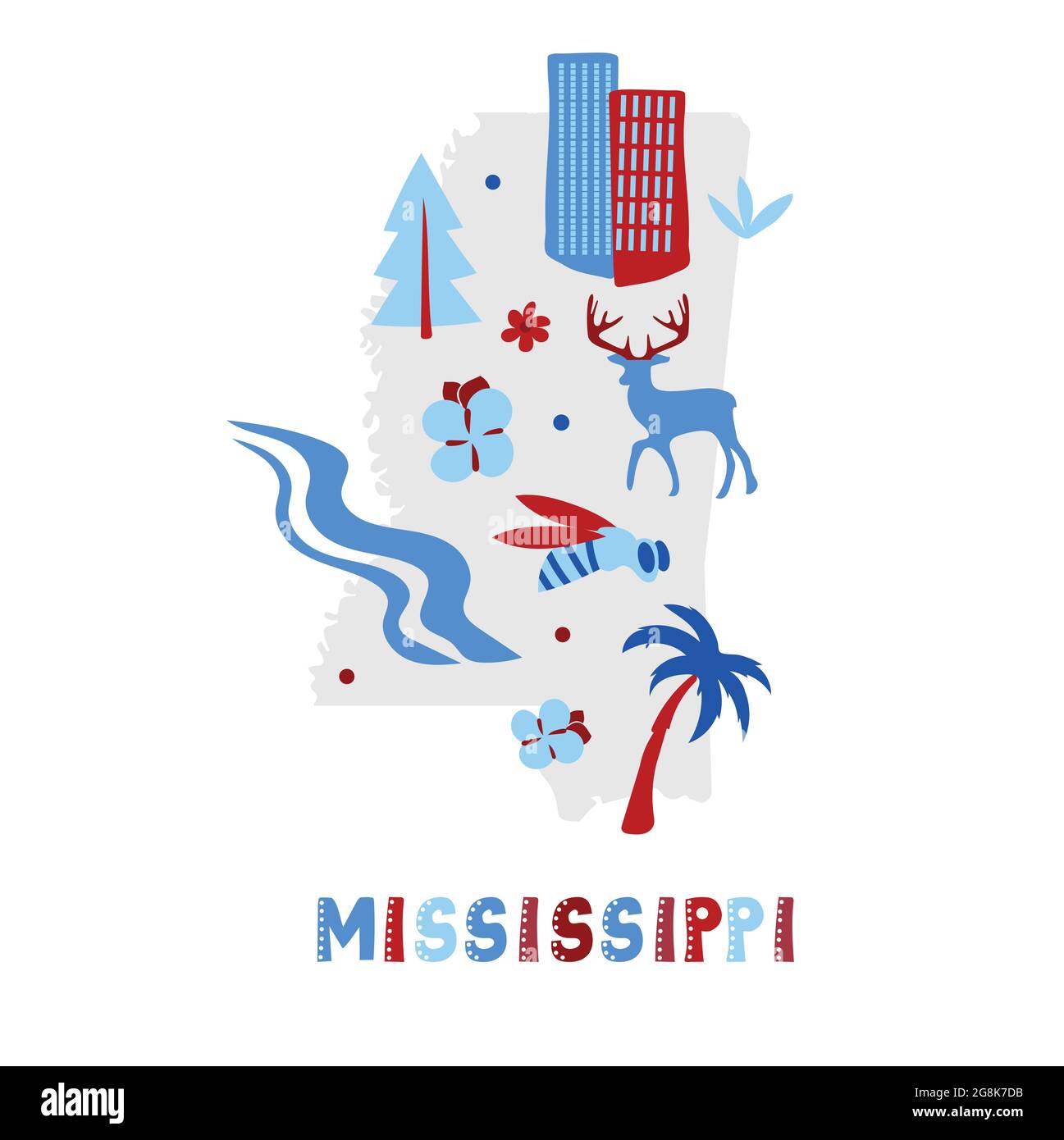 USA map collection. State symbols and nature on gray state silhouette ...